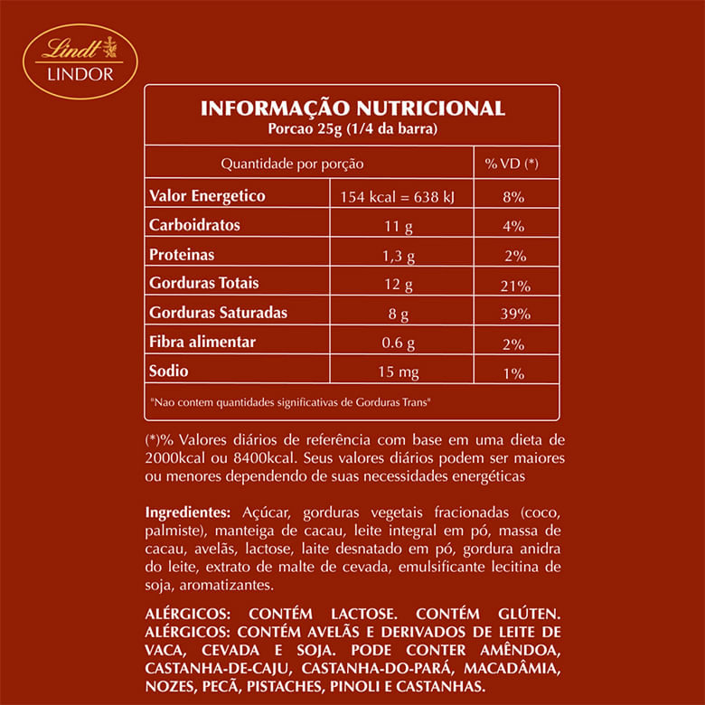 Chocolate Lindt Lindor Hazelnut Single 100g - Covabra